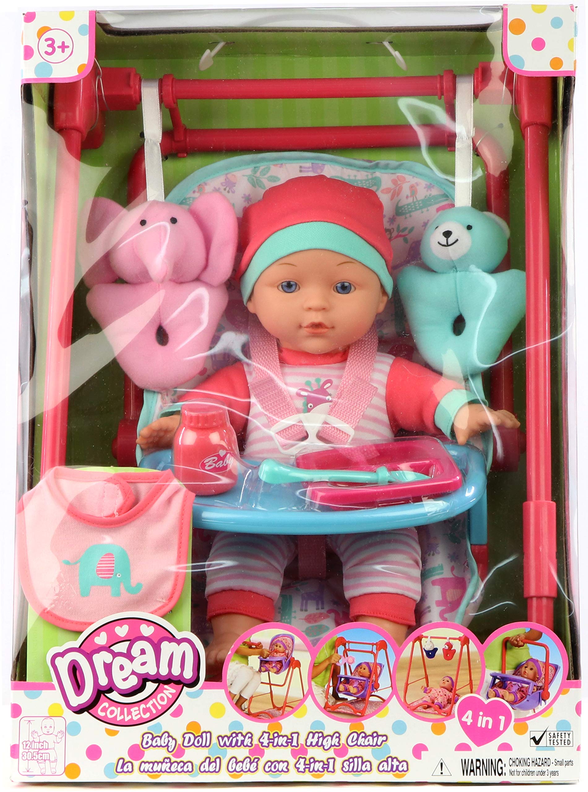 Dream Collection, Baby Doll 4-in-1 High Chair Play Set - Lifelike Baby Doll and Accessories for Realistic Pretend Play, Posable Soft Toy - 12β