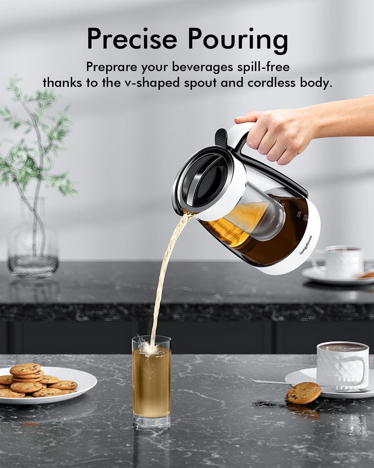 LONGDEEM Electric Glass Tea Kettle with Infuser, 1.7L Fast Boiling, Stainless Steel, Temperature Control Tea Maker, Non-BPA - Easy Lid Removal & Keep Warm Feature, White