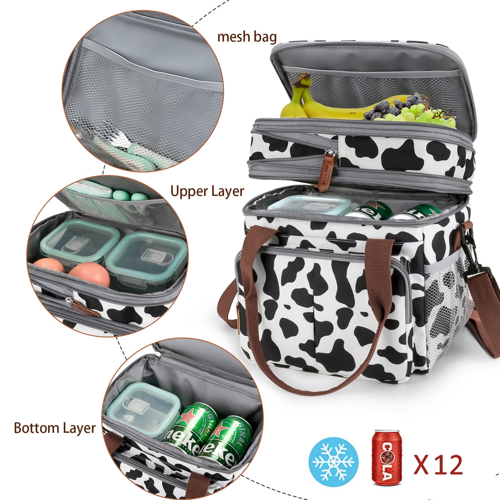 MOV COMPRA Lunch Bag for Women Men Double Deck Expandable Lunch Box,Large Lunch Bags,Leakproof Lunch Box Cooler Bag(Cow Print)