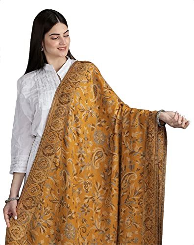 Exotic India Reversible Jamawar Shawl from Amritsar with Woven Flowers - Wool - Color Butterscotch