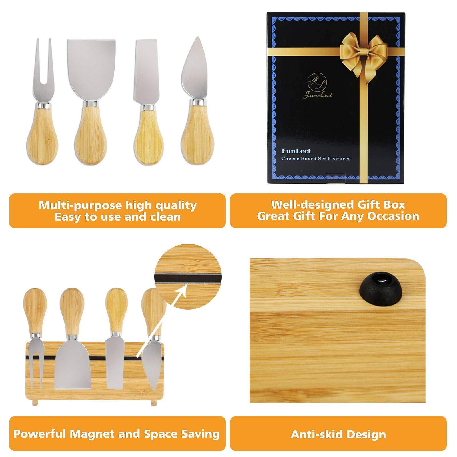 FunLect Bamboo Cheese Board Set β Serving Tray and Cheese Serving Platter. Rectangular Cheese Board and Knife Set for Cracker and Brie. Large Charcuterie Board and Cheese Tray for Housewarming Gift