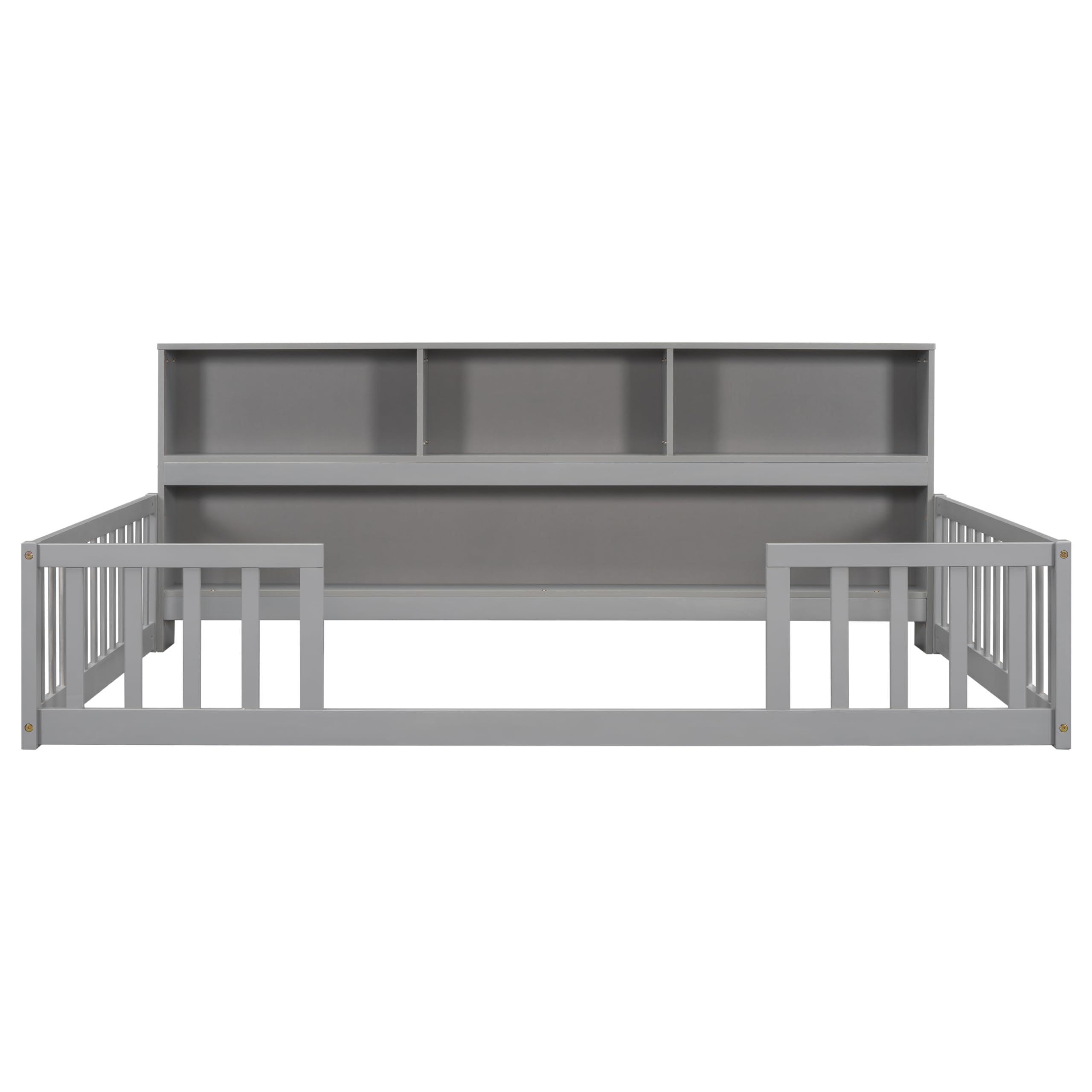 Harper & Bright Designs Full Size Floor Bed with Bedside Bookcase, Shelves, Guardrails, Wood Montessori Bed with Storage, Grey