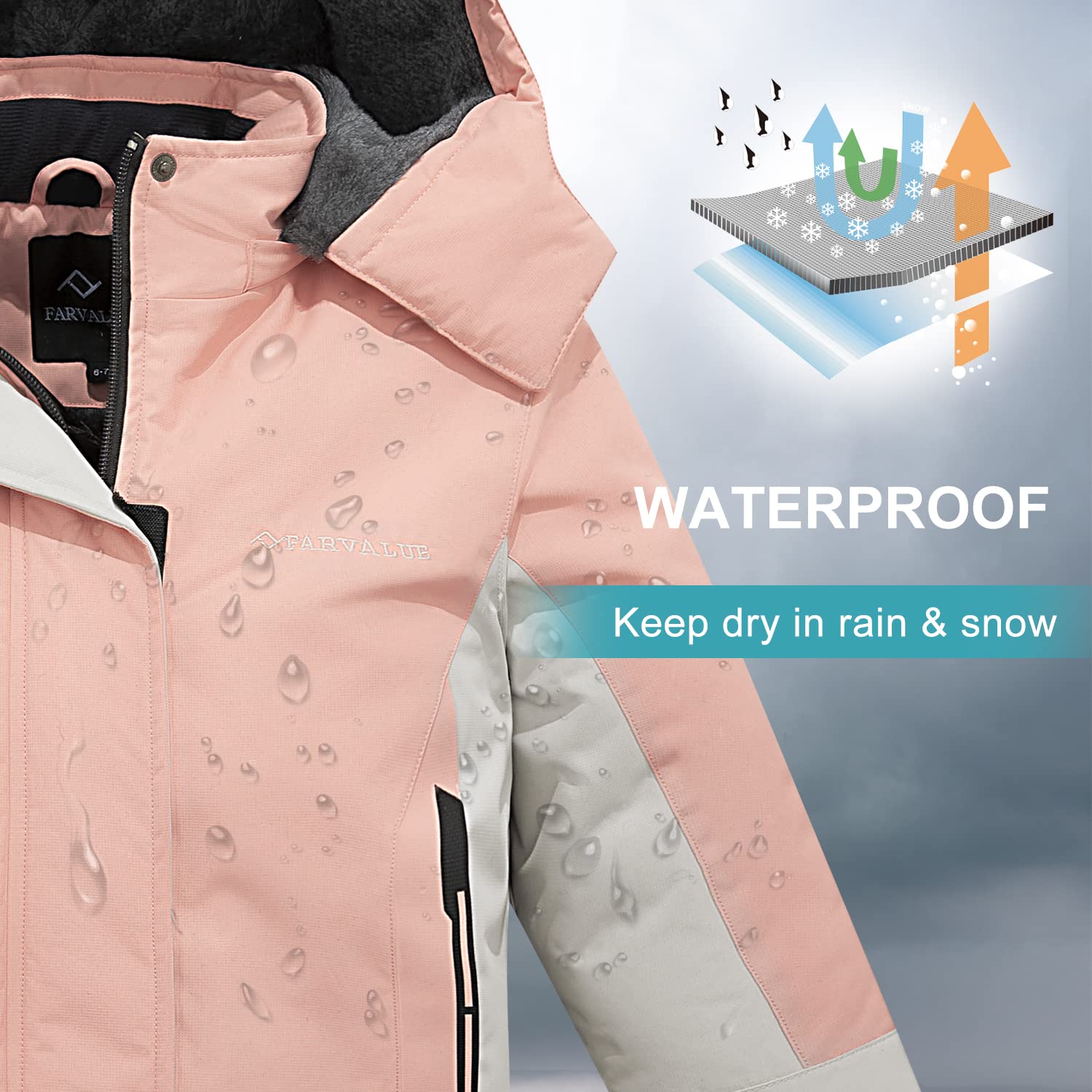 FARVALUE Girls Waterproof Ski Jacket Windproof Winter Coat Warm Snow Coat Outdoor Raincoats with Removable Hood Pink 10-12