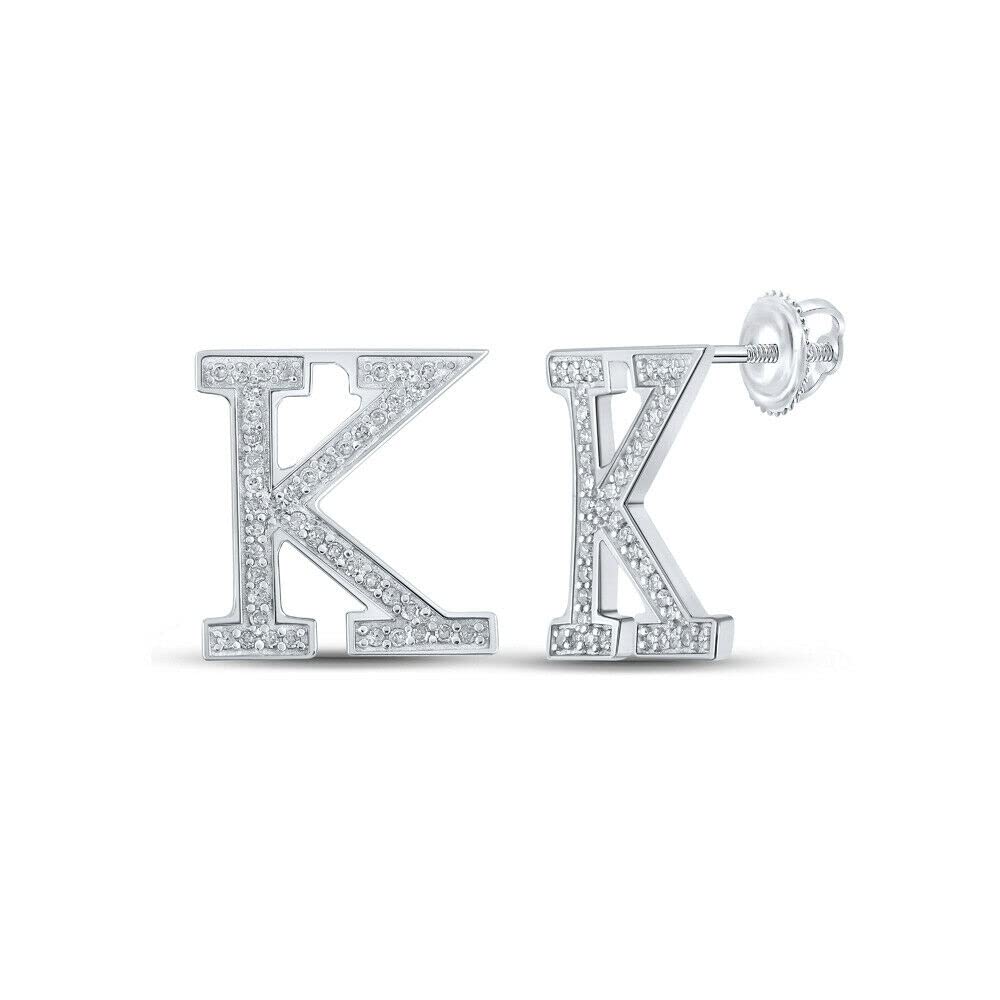 DTJEWELS 10K White Gold Finish Women Round Cut Diamond K Initial Letter Stud Earrings 1/6 Ct