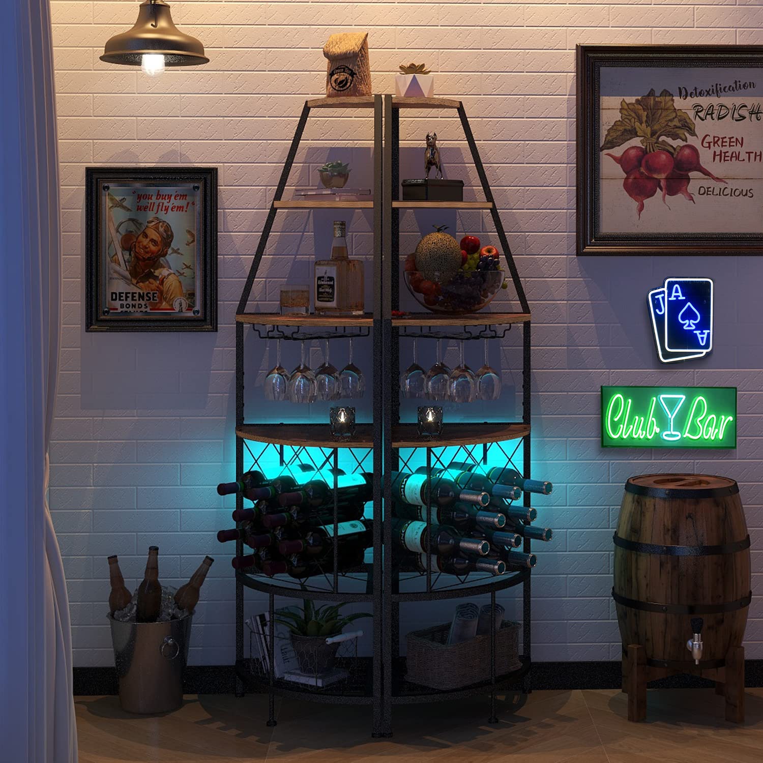 Espelism 5-Tier Corner Wine Rack with LED Light Floor Standing Wine Rack with Glass Holder and Bottles Wine Storage Home Bar Furniture for Kitchen Living Dining Room (Rustic Brown)