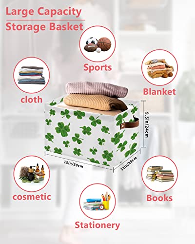 Large Capacity Storage Bins 2Pcs St. Patrick's Day Clover Pettern Storage Cubes, Collapsible Storage Baskets for Organizing for Bedroom Living Room Shelves Home 15x11x9.5 In