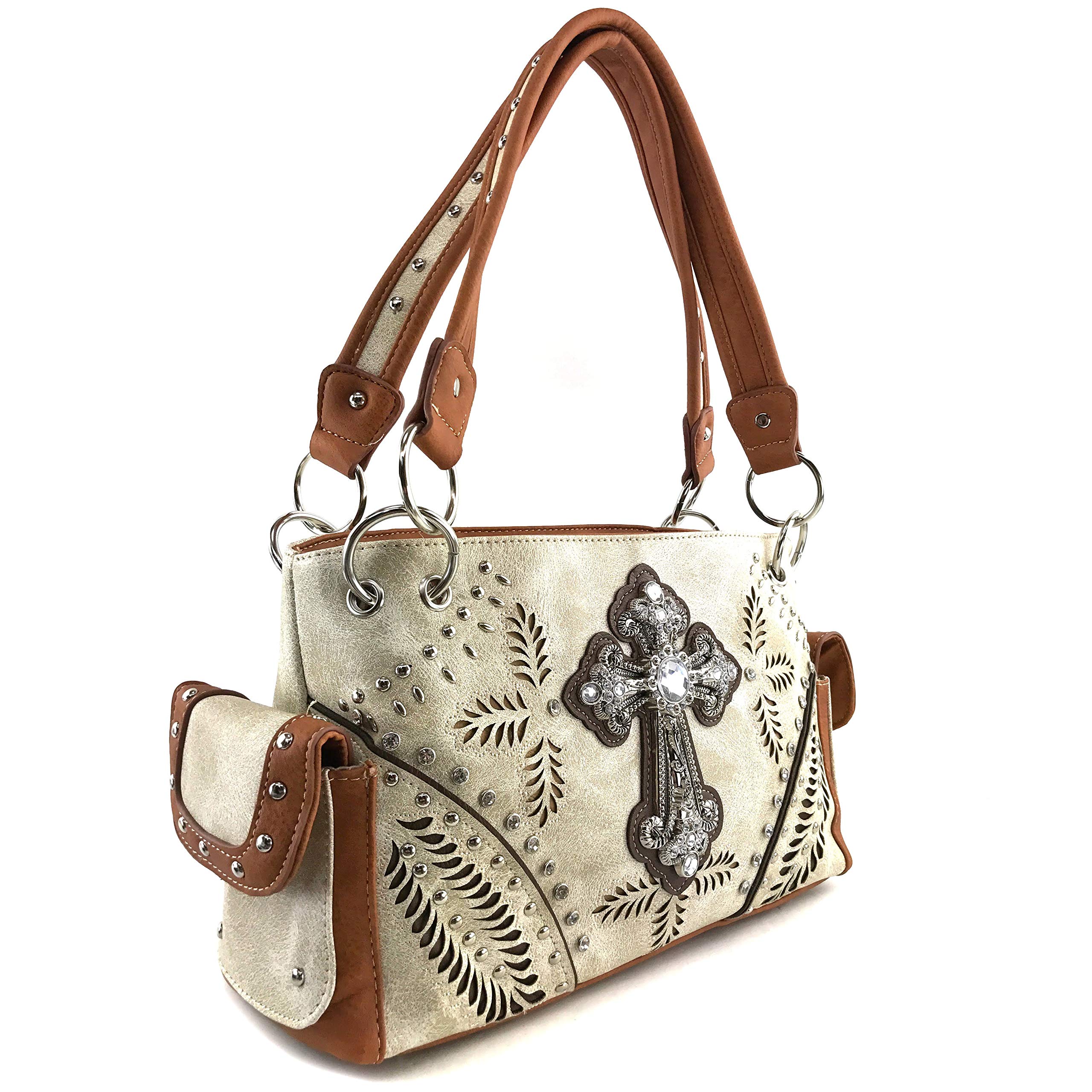 Zelris Fall Fern Leaf Western Cross Women Conceal Carry Handbag Wallet Set (Beige)
