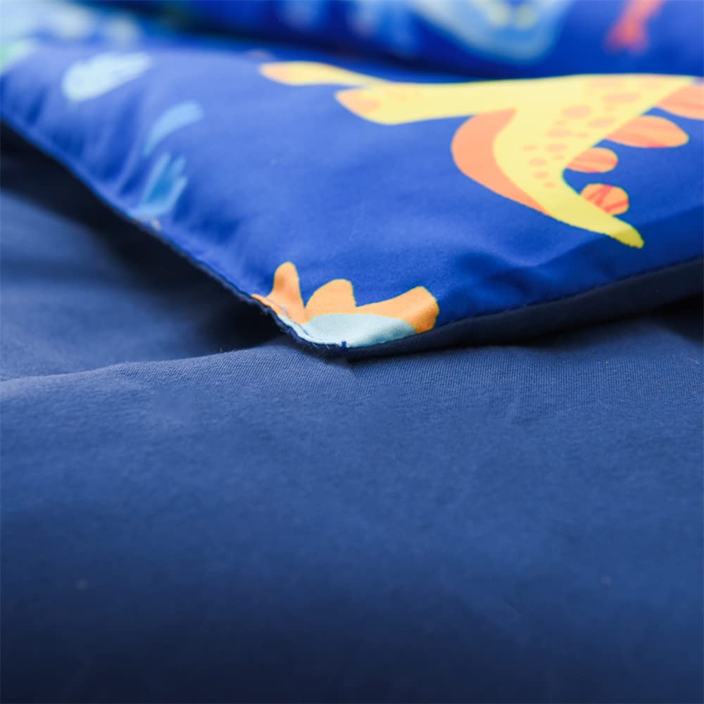 Holawakaka 4 PCS Boys Dinosaur Toddler Bedding Set, Colorful Dinosaurs Printed on Navy Blue, includes Quilted Comforter, Fitted Sheet, Flat Sheet, and Pillow Case for Kids