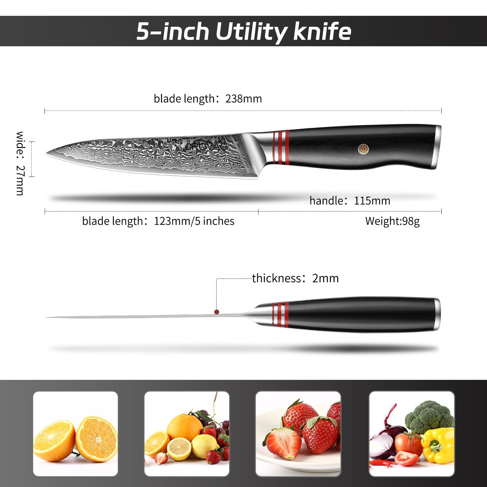lrovag Utility Kitchen Knife,5 Inch Damascus Paring Knife, Super Sharp High Carbon Stainless Steel Fruit Knife,Multipurpose Chopping Knife, Japan VG10 Steel Core,Premium Gift Box
