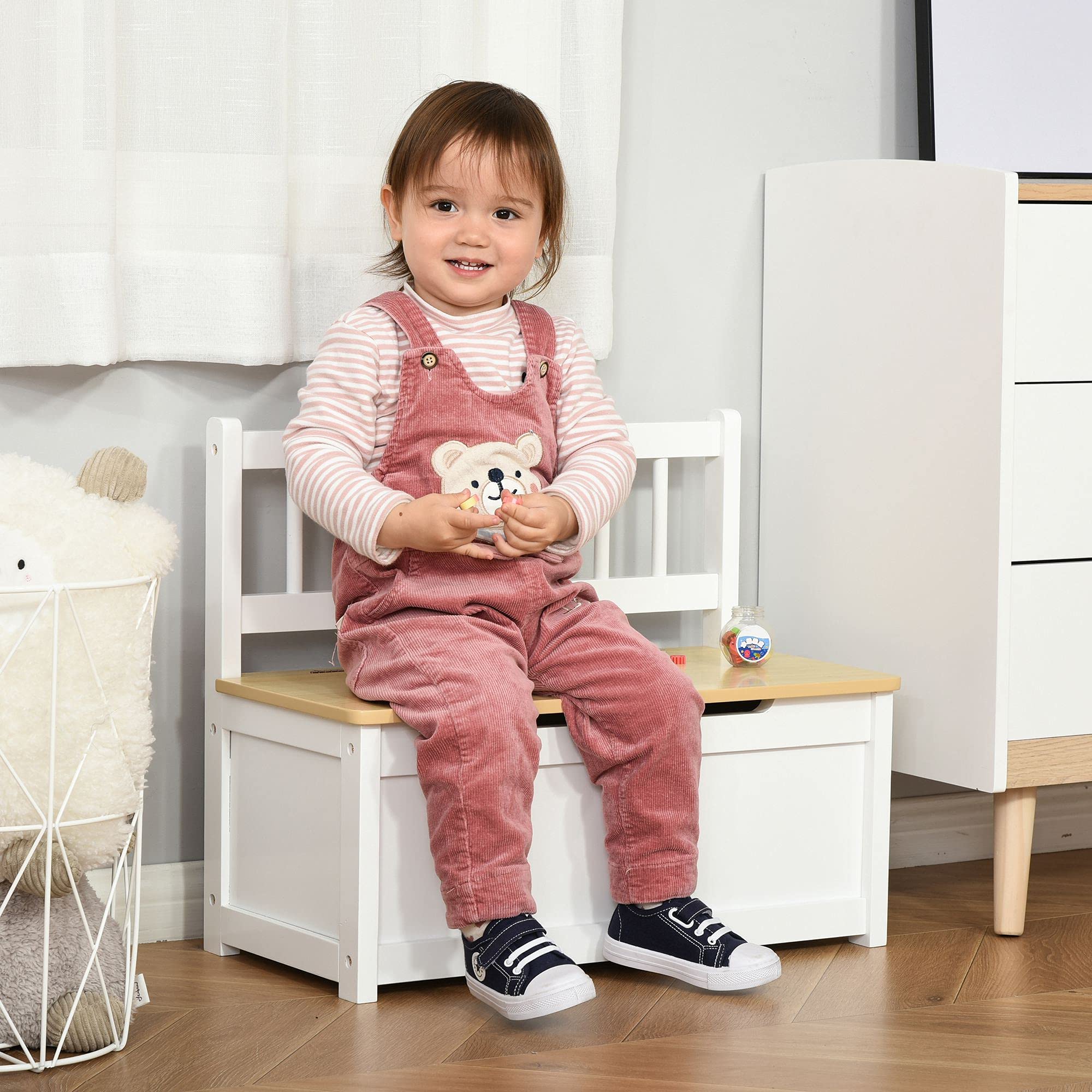 HOMCOM Qaba 2-In-1 Kids Toy Chest Storage Box with Seat Bench Cabinet Chunk Cube with Safety Pneumatic Rod White