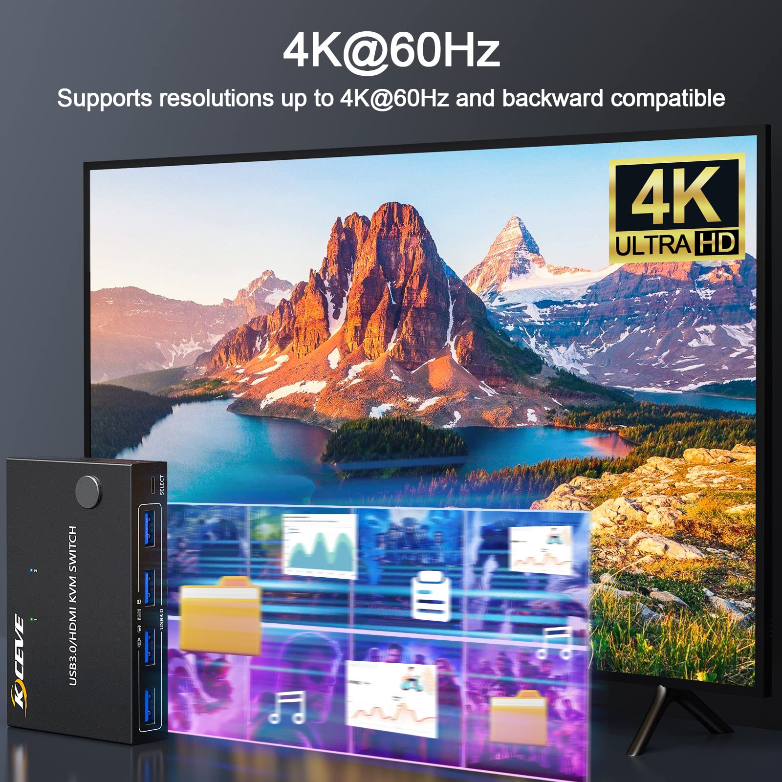 KVM Switch HDMI 2 Port, USB 3.0 KVM Switcher Selector Box Support 4K@60Hz Resolution for 2 Computers Share Mouse Keyboard and Monitor
