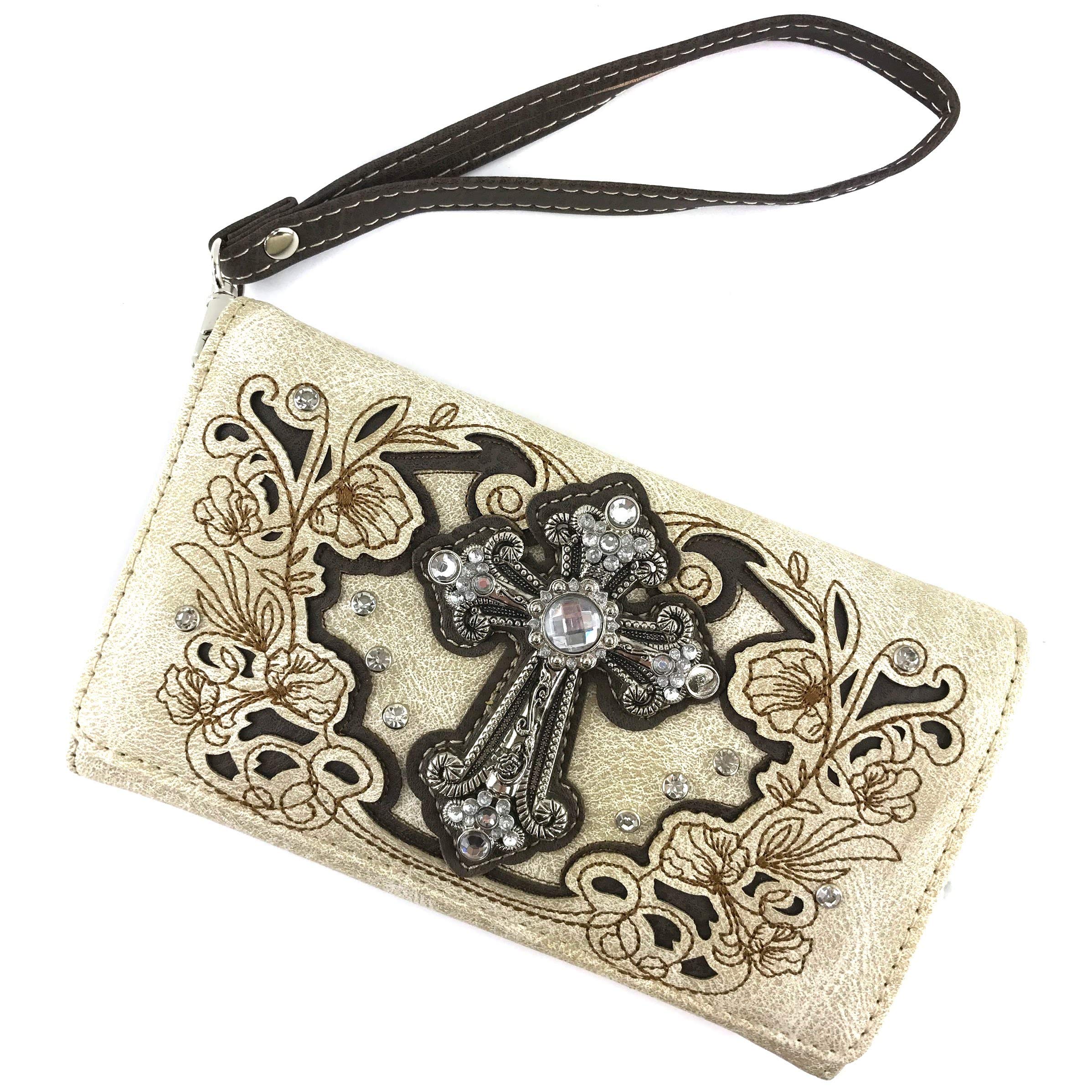 Zelris Western Floral Blossom Cross Women Crossbody Wrist Trifold Wallet (Purple)