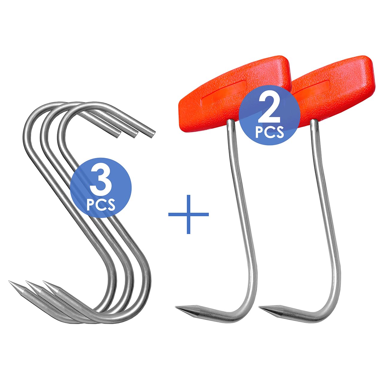 QMARK Stainless Steel Meat Hooks Set, 5 PCS (2T+3S), 6 Inch Heavy Duty Butcher Shop Tool Kit for Deboning, Boning, Slicing, Hanging, Home & Professional Use
