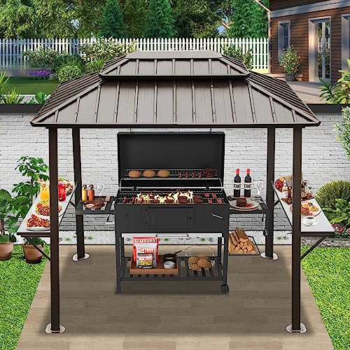 Domi 8β x 6β Grill Gazebo, Outdoor Aluminum BBQ Gazebo with 2 Side Shelves, Hardtop Double Roof Permanent Sun Shade with Ceiling Hooks for Patio Deck Yard Garden (Brown)
