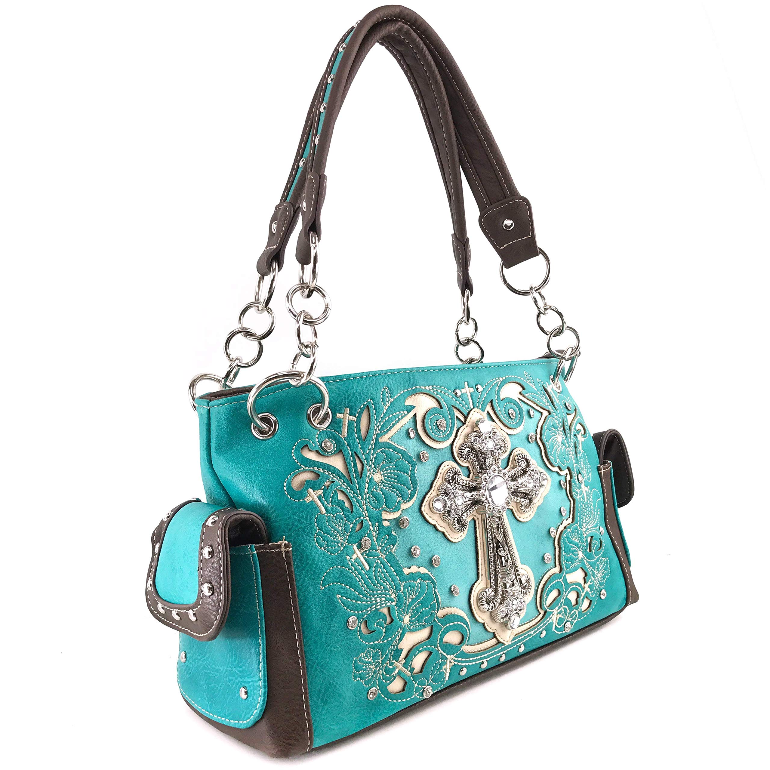 Zelris Western Floral Blossom Cross Women Conceal Carry Shoulder Handbag (Turquoise)