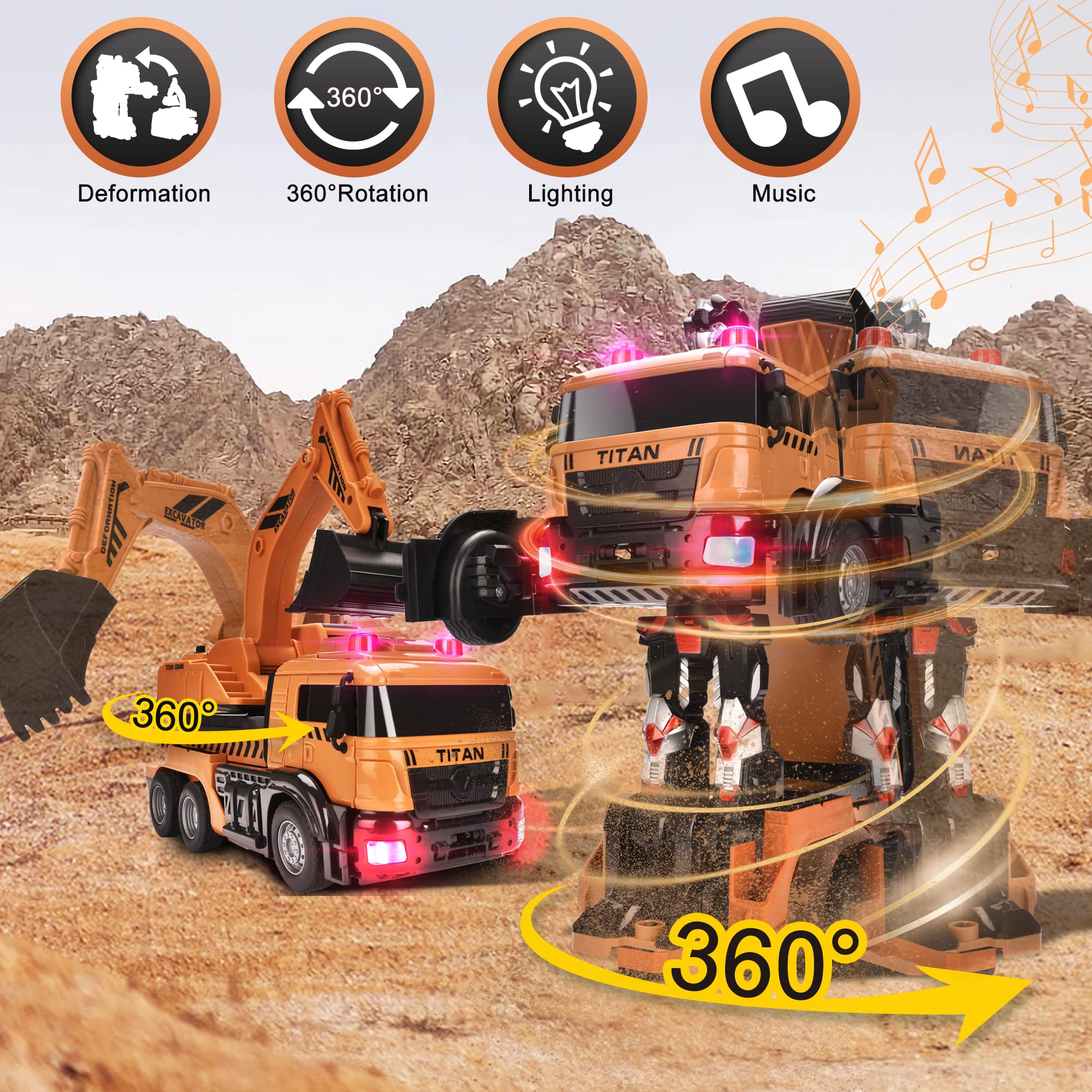 Ihowot Remote Control Toy Excavator, Transformer Car RC Robot Construction Engineering Vehicle with One-Button Deformation, Music and Light Effect, Gift Toy for Boys 4-7