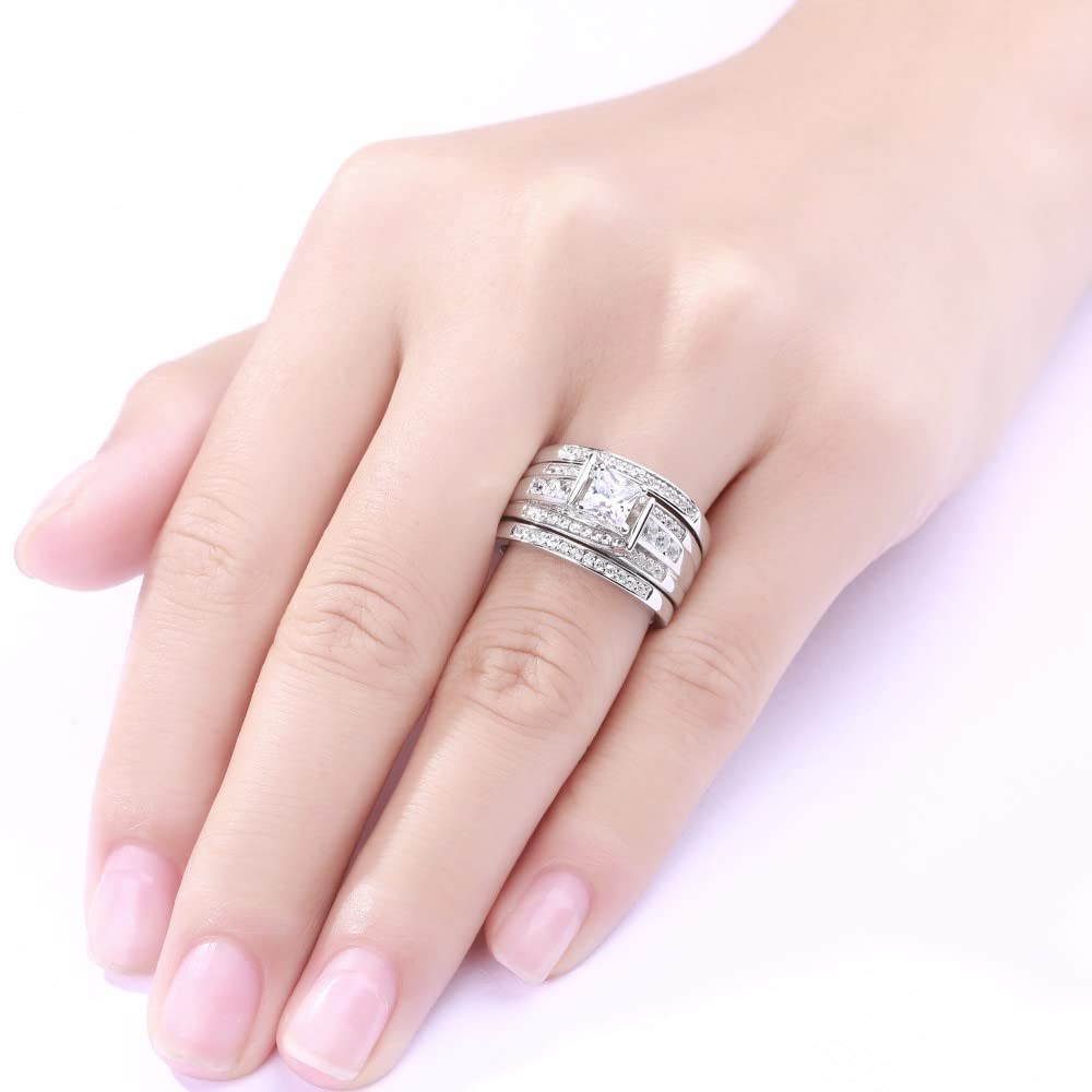 Engagement Ring for Women Bridal Sets 1 ct Princess Cut Moissanite engagement ring set wedding ring set Platinum Plated Silver Anniversary Promise Rings 3 piece set wedding ring size8