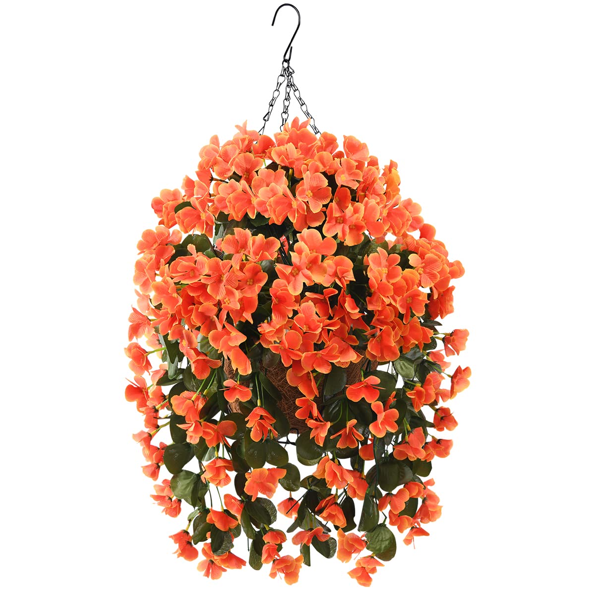 INQCMY Artificial Hanging Flowers in Basket for Patio Garden Decor,Artificial Plant with Coconut Lining Hanging Baskets,Begonia Flower for The Decoration of Outdoors and Indoors(Orange)