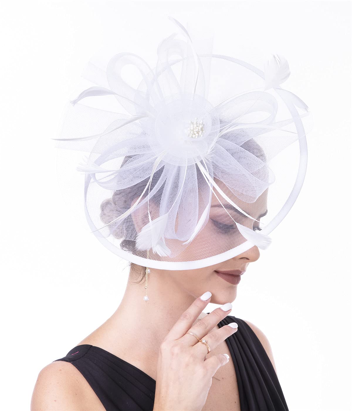 Fascinator Women's Organza Church Kentucky Derby British Bridal Tea Party Wedding Hat Summer Ruffle Hat(Hj6-White)