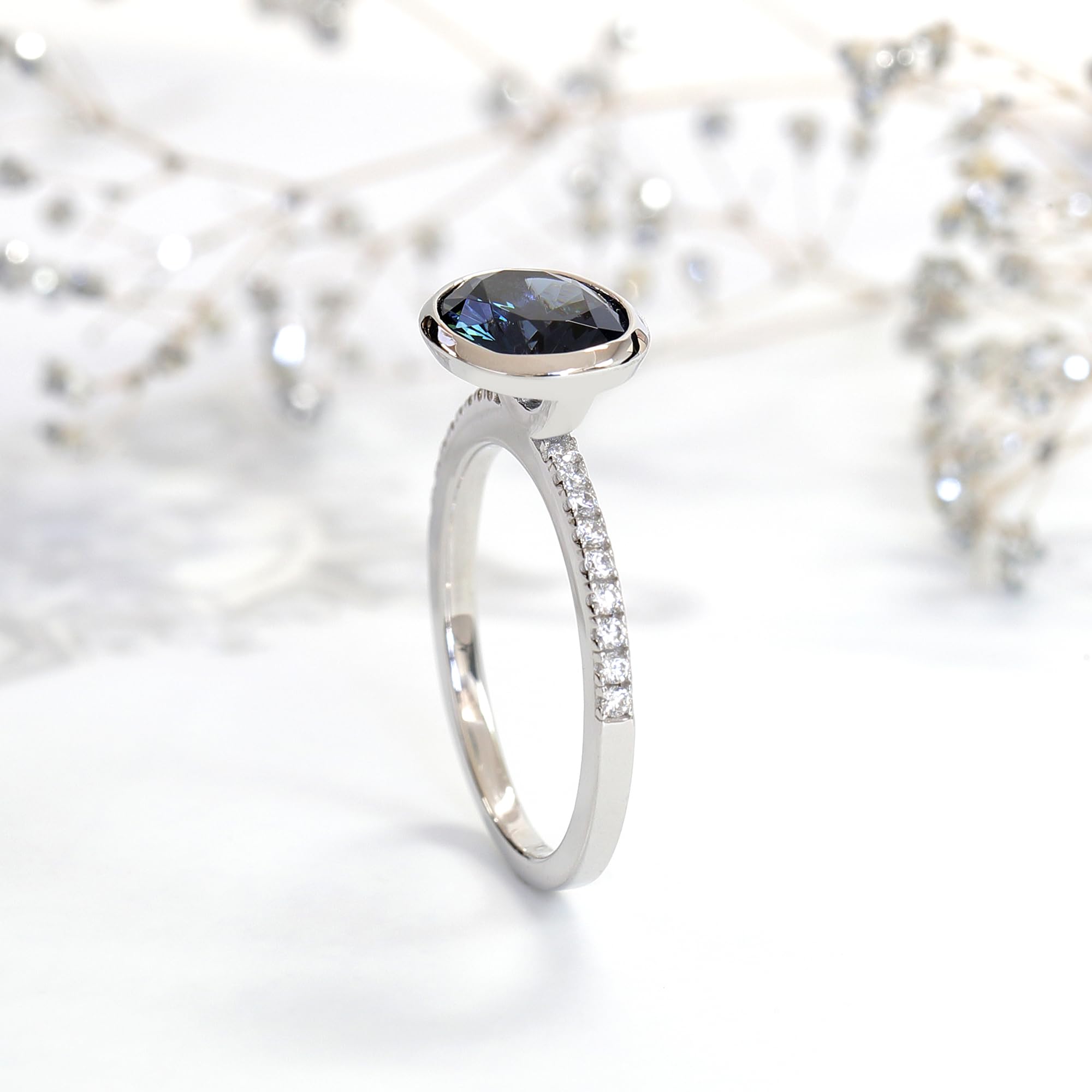 DoubleAccent Platinum Plated Sterling Silver Ring 2 CT Oval Grey CZ Stone Bezel Wedding Engagement Ring (Size 5 to 9), 8