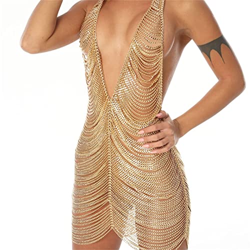 Duaruimo Bikini Alloy Body Chain Jewelry Set Sexy Tassel Silver Gold Chain Harness Stage Club Lingerie Accessories,Gold,One Size
