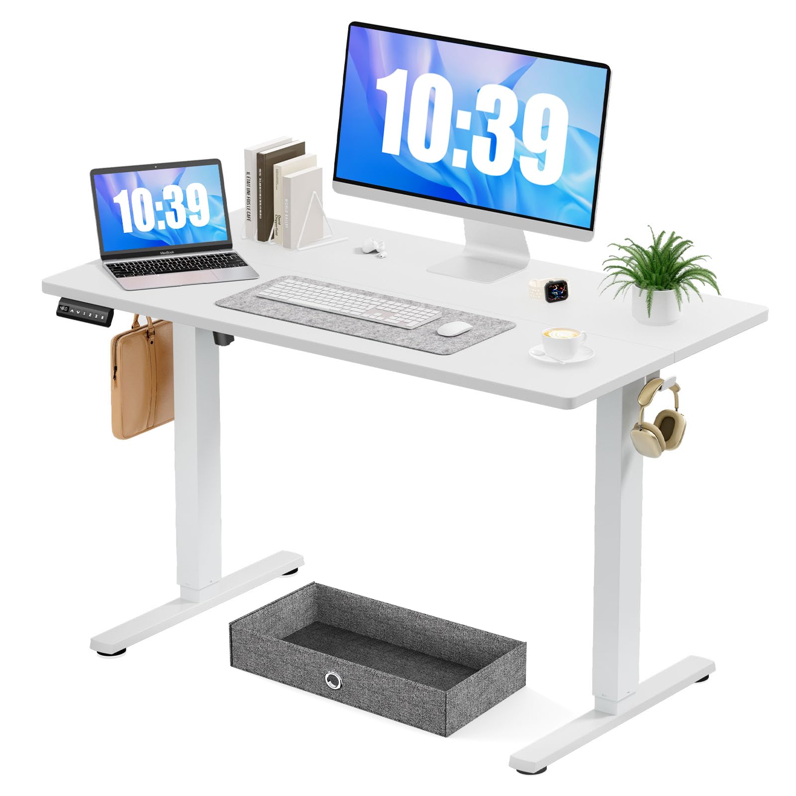 DUMOS Adjustable Height Electric Standing Desk with Drawer,48 x 24 in Ergonomic Computer Table with Splicing Board, Wire Hole and Hook for Workstation for Home, Office, White