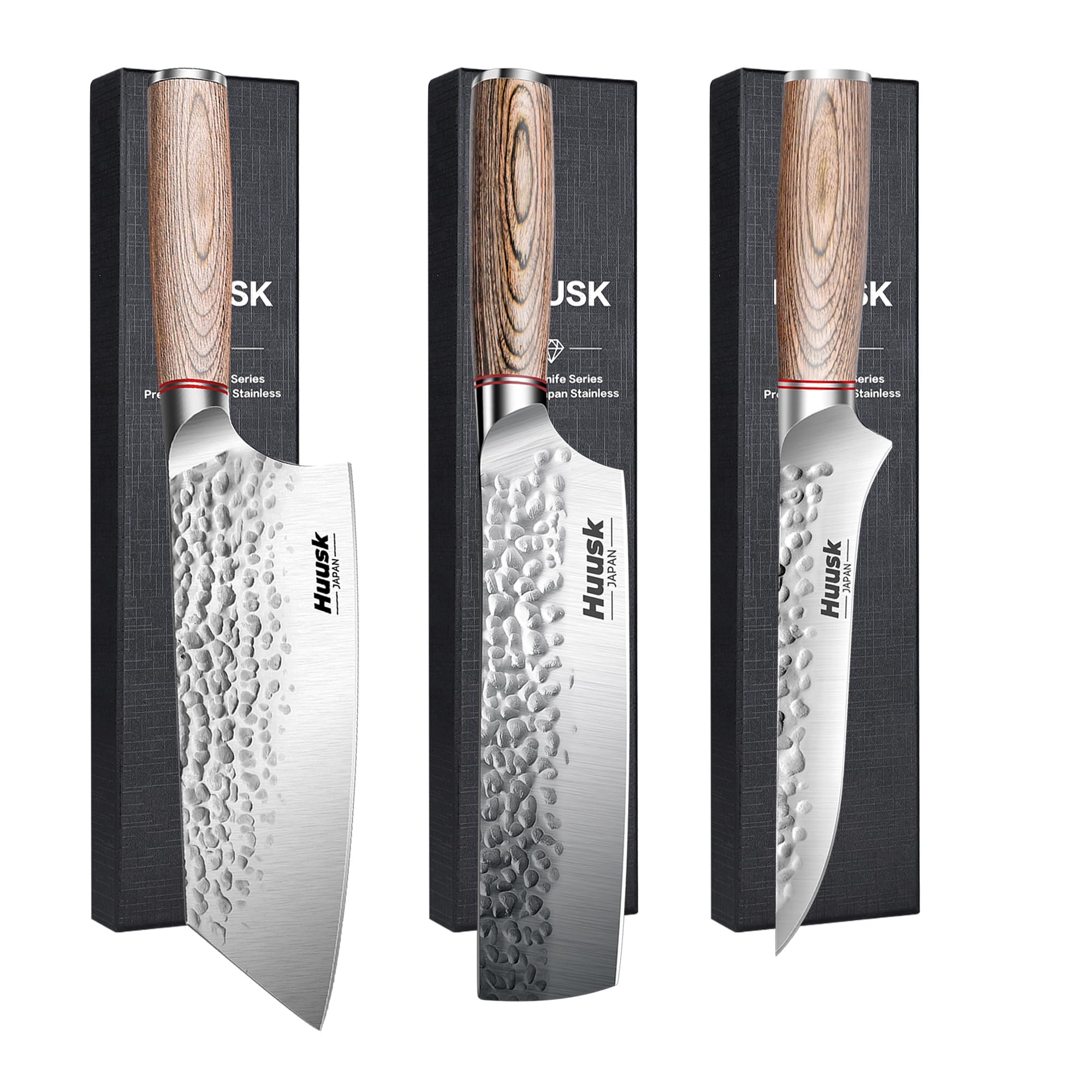Huusk Japan Knife Professional Kitchen Knife Meat Cleaver Nakiri Knife and Boning Knife Set with Ergonomic Pakkawood Handle and Gift Box for Family Restaurant