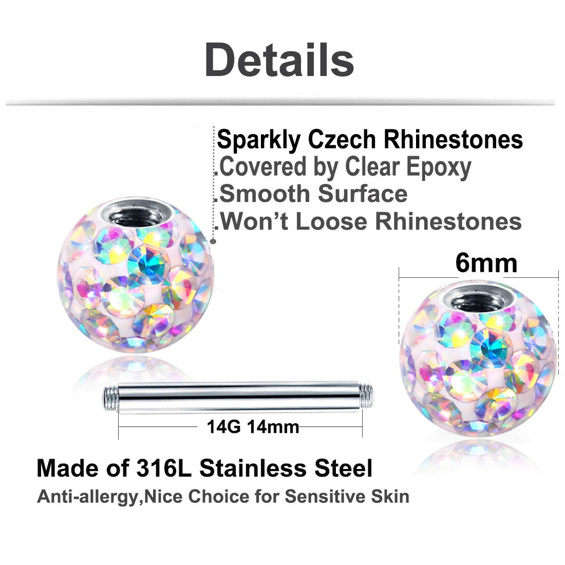 ZHIYAOR Never Fall out Crystal 14G Studs Nipple Rings Piercing Barbell Anti-allergy Surgical Steel Pairs (1pair AB,1pair White)