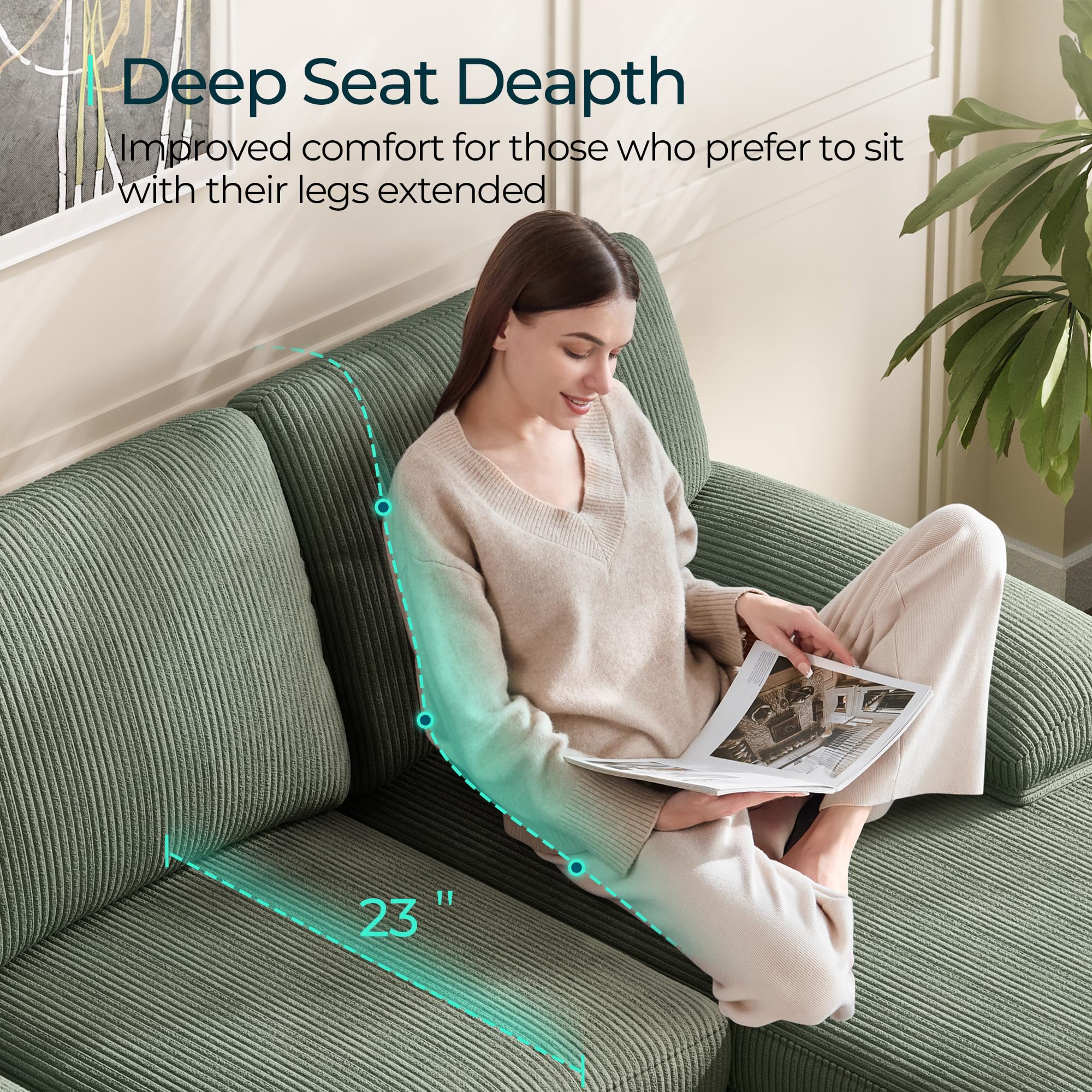 LINSY HOME U Sectional Couch, 111'' W Corduroy Sofa with Sleepable Armrests, 4 Seat Couch with Double Chaises, Deep Sofa for Living Room, Yellow