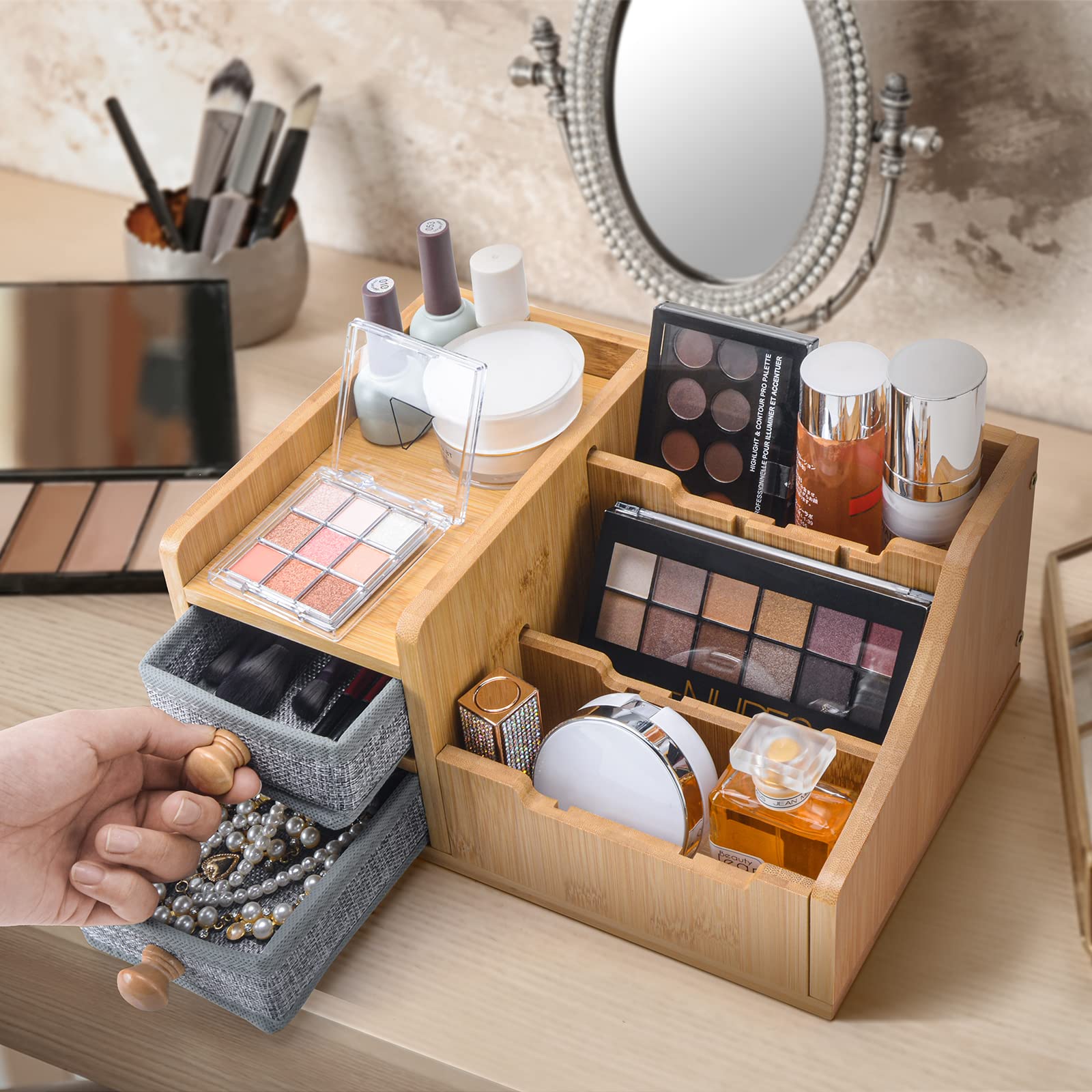 ikkle Bamboo Desk Makeup Organizer Cosmetic Organizer Storage Box with Drawer for Bathroom/Dresser, 9 Detachable Slots for Brushes, Lipstick, Great Organizer for Home or Office (Need to assemble)