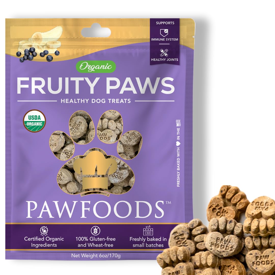 PawFoods Treats Fruity Paws - Organic Dog Treats Healthy, Low Calorie Puppy Treats for Joint and Hip Support, Tasty Natural Treats for All Dogs, Only 5 Cal, Approx. 60 per Bag - 170g - Made in USA