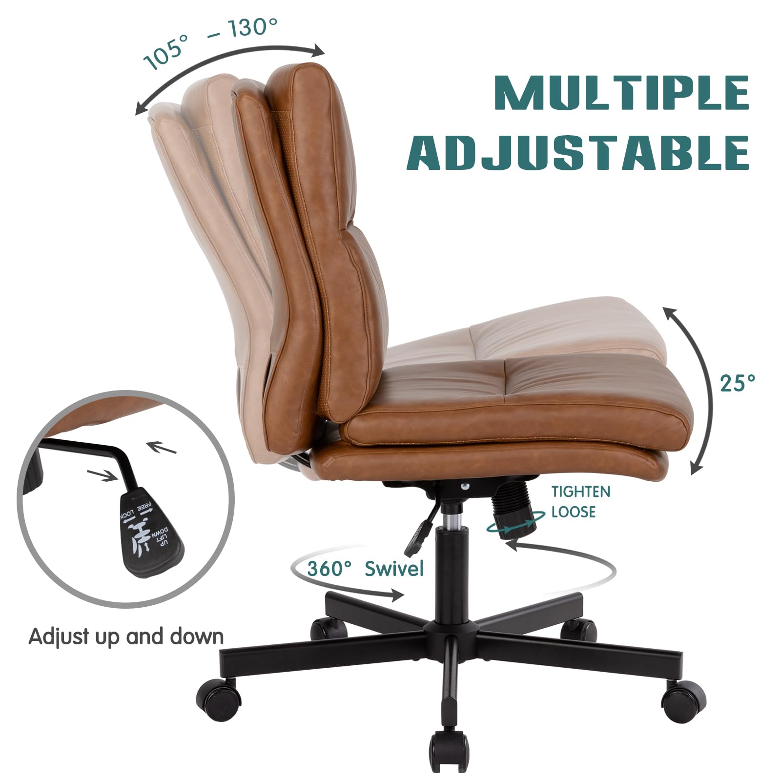 LUCKWIND Armless Office Desk Chair with Wheels, Mid-Back Criss Cross Swivel Task Chair, Height Adjustable Cushioned Vanity Chair, Double Padded PU-Leather Chairs for Home, Office & Bedroom (Brown)