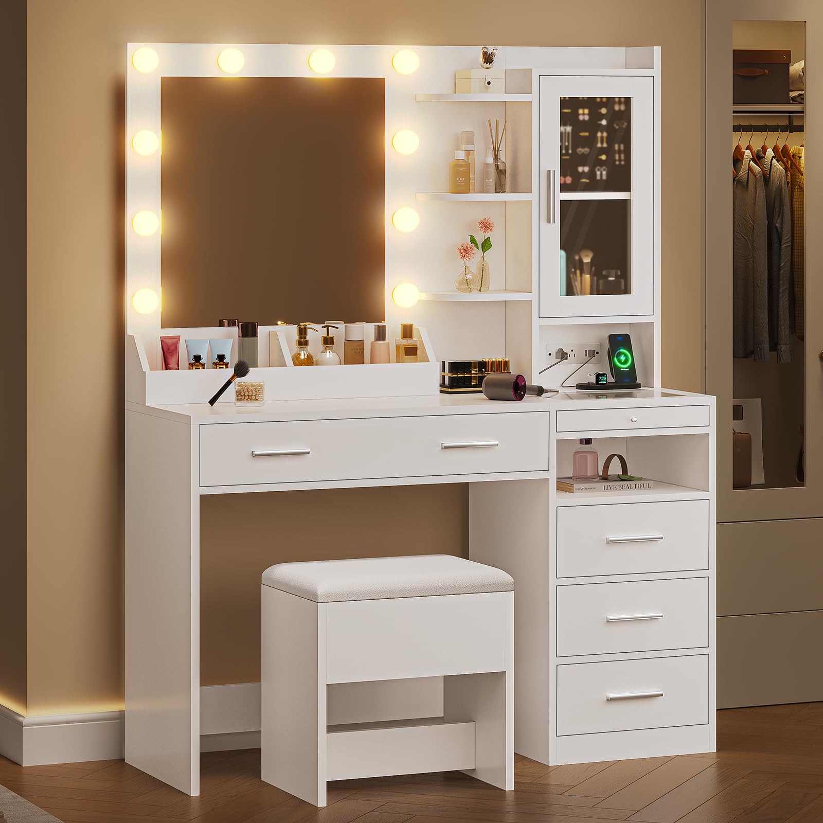 HAUOMS Makeup Vanity Desk with Mirror and Lights & Stool & Charging Station, 4 Drawers Makeup Table with Glass Top Jewelry Organizer & 7 Shelves, 3 Light Settings, Modern White