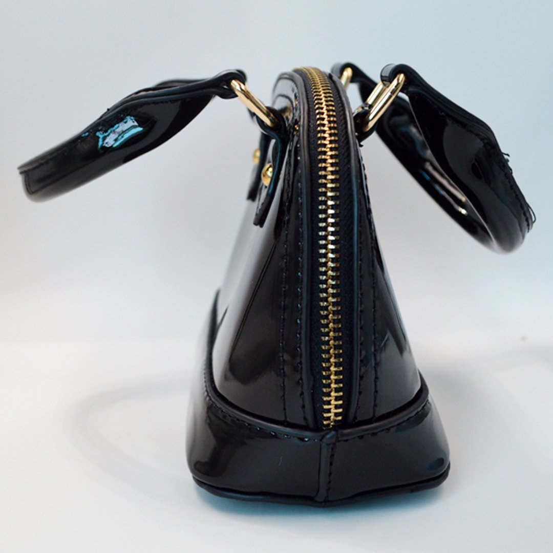 Zip Around Dome Patent Satchel Mini Top Handle Toe Bag Shell Shape Purse Handbags (black)