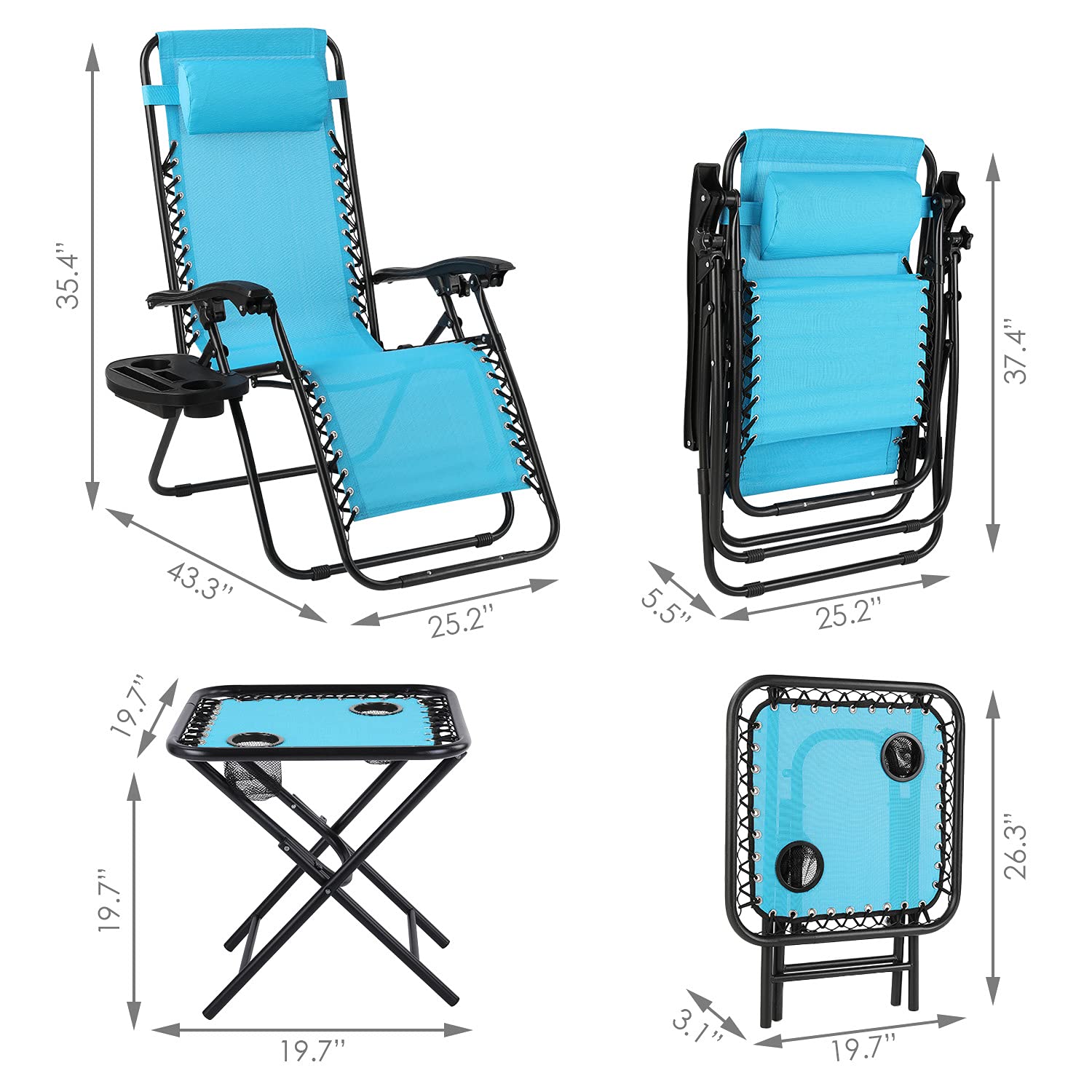 OKVAC Zero Gravity Chair Set of 2 with Side Table, Adjustable Foldable Patio Lounge Recliner w/Pillow&Cup Holder, for in/Outdoor, Poolside, Garden, Camping, Lawn, Yard, Beach, 310LBS Capacity