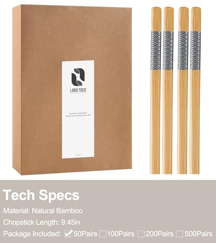 LOROTOCO 50 Pairs Bamboo Chopsticks Disposable | Separated | Reusable | Dishwasher Safe- (9.45in)