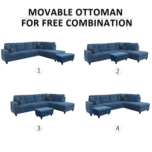 LostCat 103" W Sectional Couches for Living Room Couch Set, Modular Sectional Sofa for Living Room Furniture Sets, L Shaped Couch with Storage Ottoman, Flannel Modular Couch Sofa Set, Blue