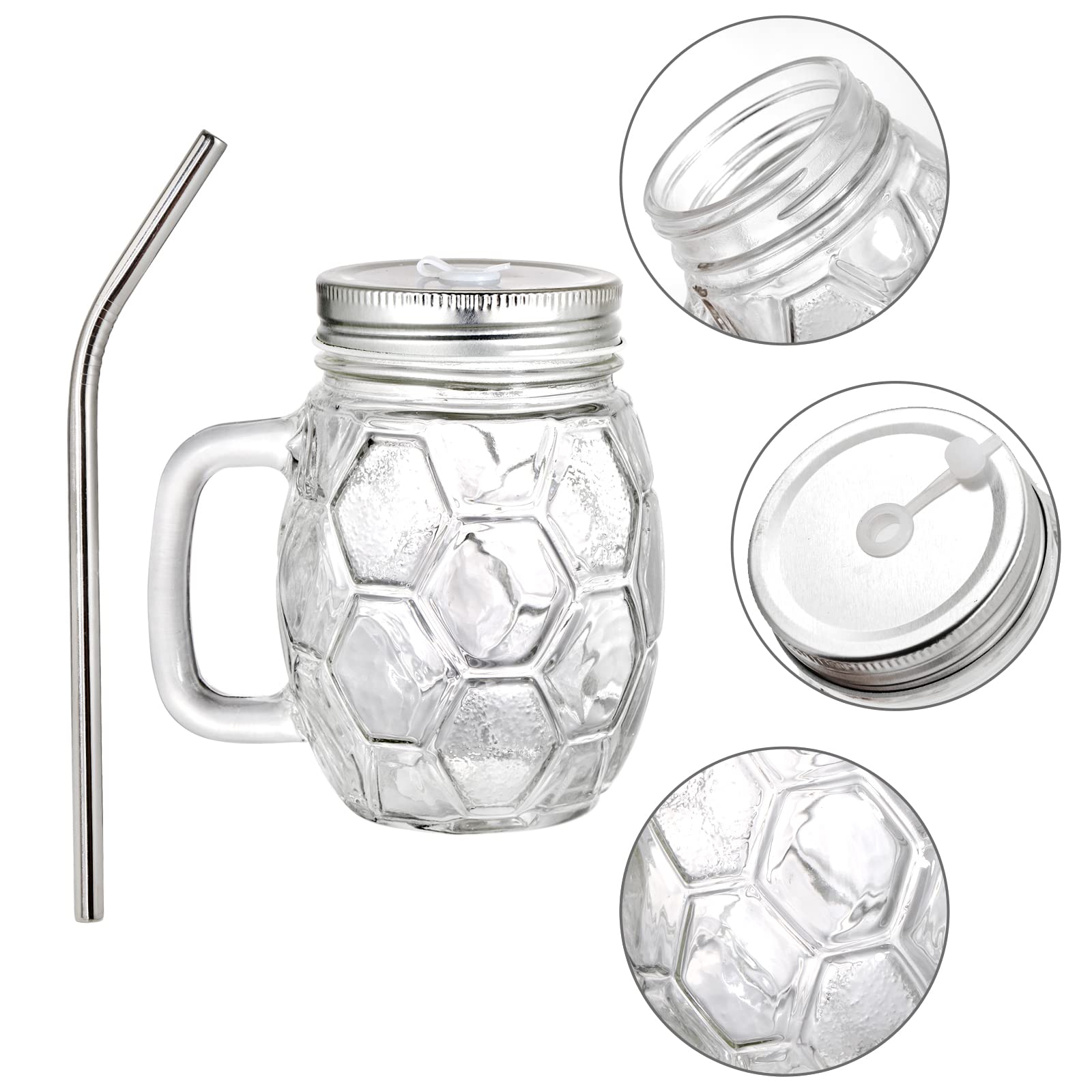 Hiceeden 8 Pack Glass Mason Jars with Lids and Straws, 16 Oz Mason Jar Drinking Glasses with Handle, Mason Mugs Cups with Honeycomb Pattern for Juice, Iced Coffee, Milk Tea, Smoothie, Cocktail