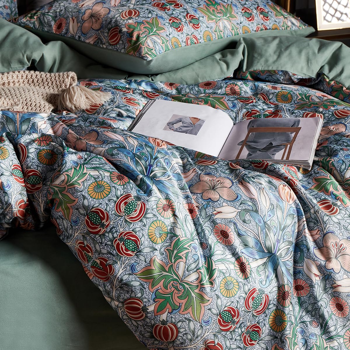 KASBLUEL Boho Floral Duvet Cover King, 5 Pieces Green Paisley Comforter Covers, Aesthetic Bedding Sets, Artistic Flower Pattern Bed Set, Soft Microfiber Vintage Style with Zipper