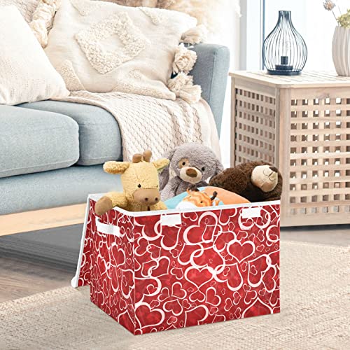 Kigai Storage Basket Valentine's Day Hearts Storage Boxes with Lids and Handle, Large Storage Cube Bin Collapsible for Shelves Closet Bedroom Living Room, 16.5x12.6x11.8 In