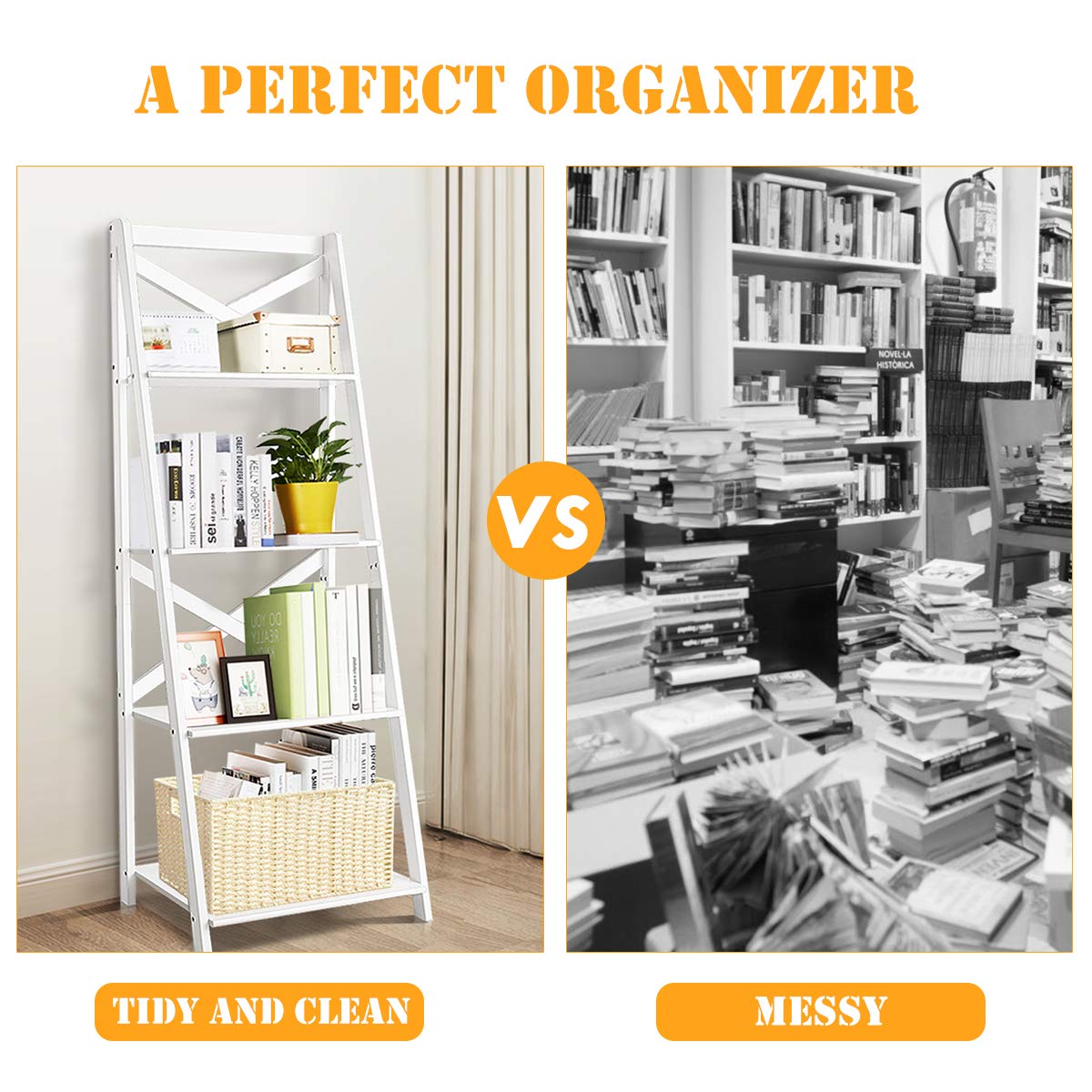 Tangkula 4-Tier Ladder Shelf Bookcase Leaning Free Standing Wooden Frame Decor Bookshelf Storage Flower Shelf Plant Display Shelf for Home Office (White, 1)