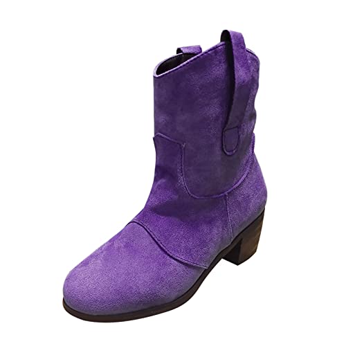 FASDNENDYS Casual Shoes Retro Style Boots Comfortable Roman Ankle Boots Leather Boots for Women with Heels Purple