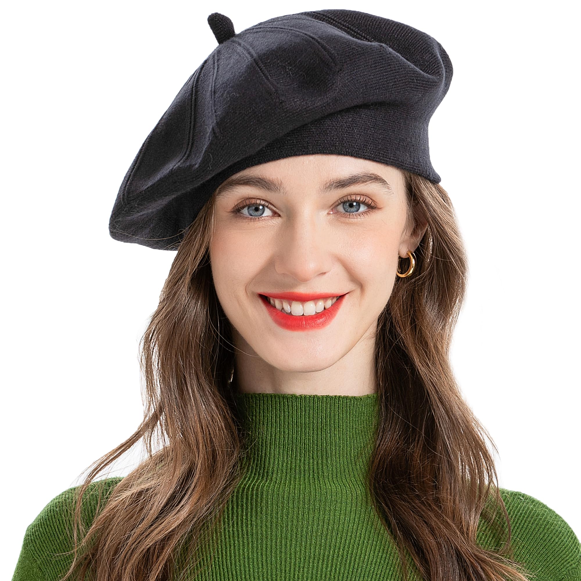 ZLYC French Beret hat, Reversible Solid Color Cashmere Knit Warm Beret Cap for Womens Girls (Black)