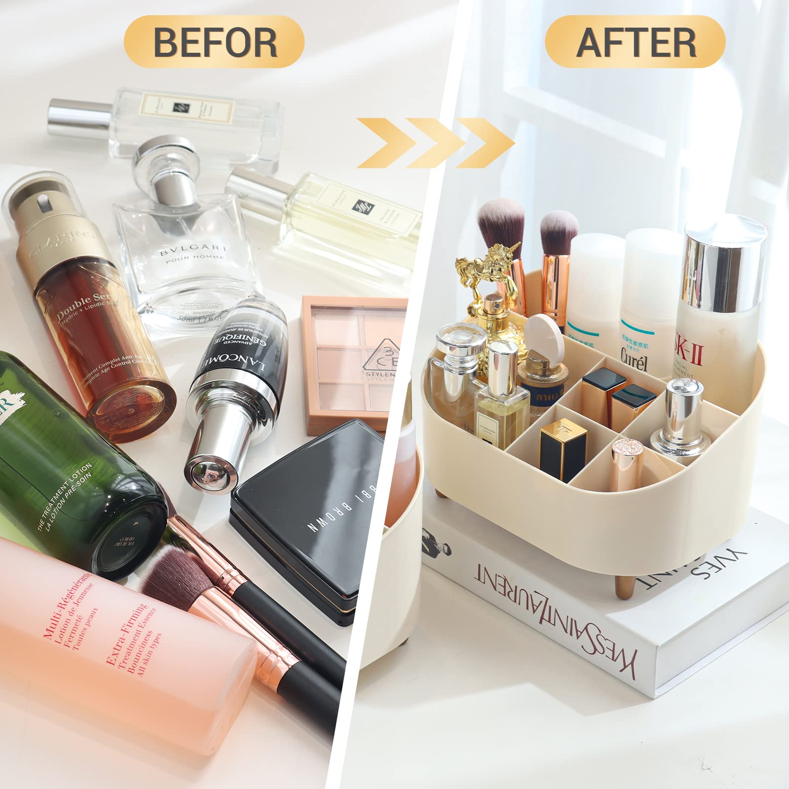 JULY'S SONG Makeup Organizer for Vanity Counter, 2 Pack Small Beauty Cosmetic Brush Skincare Stand Holder for Her Bathroom Countertop, White Opal