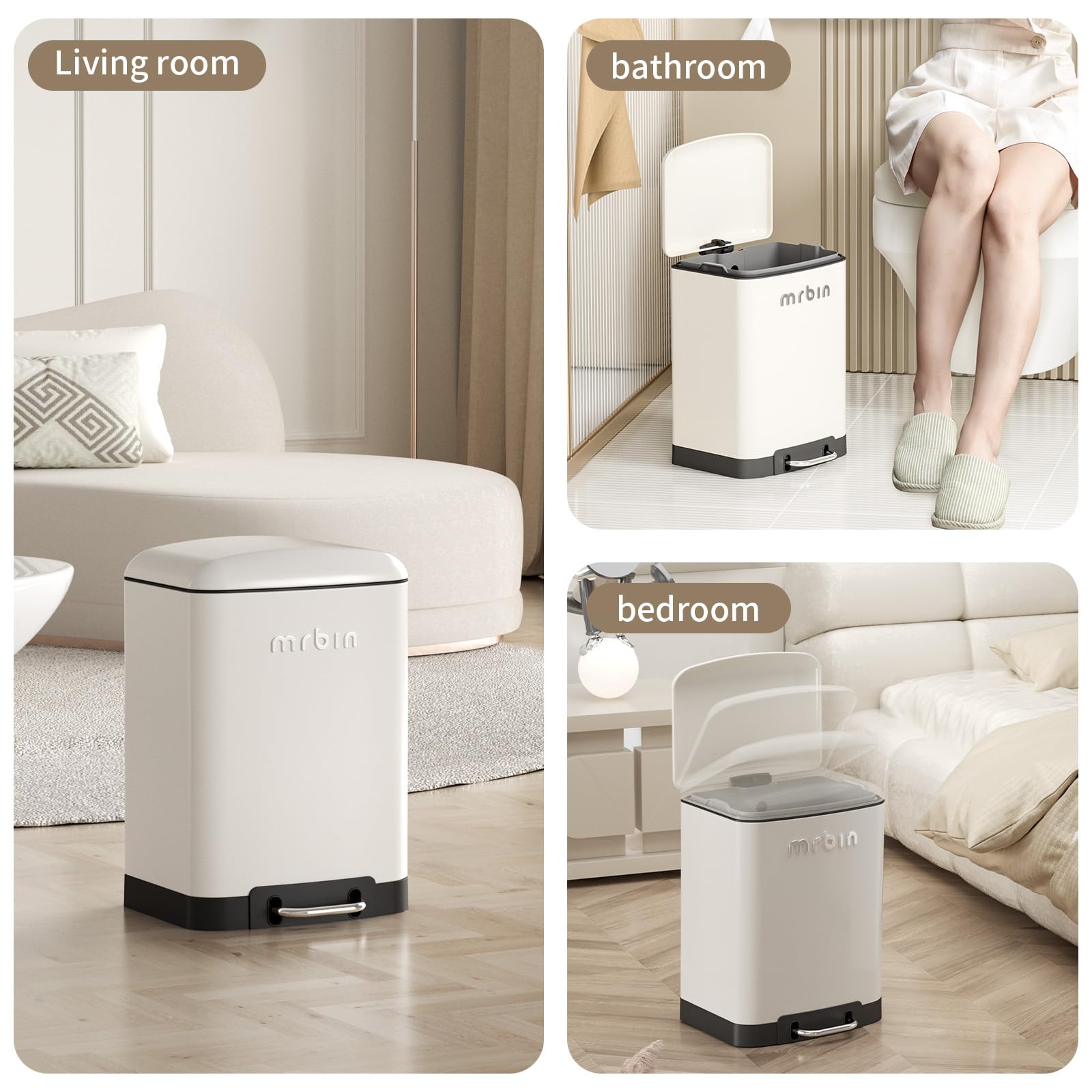 MRBIN Bathroom Trash Can with Lid, Metal Step Kitchen Waste Basket Touchless Soft Close, 20L / 5.2gal Rectangle Garbage Bucket with Stainless Steel Pedal for Office, Bedroom Accessories, White