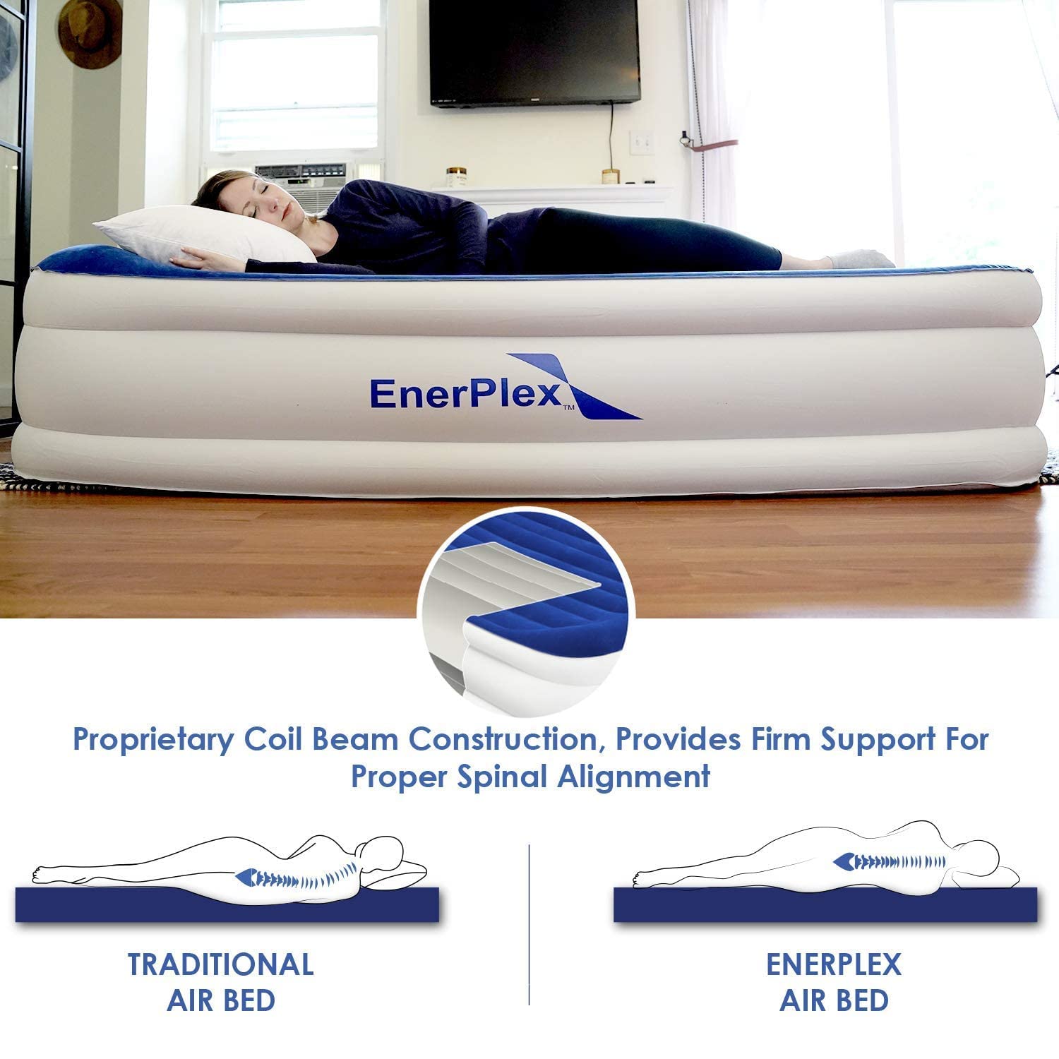 EnerPlex Twin Air Mattress with Built in Pump - 15" Luxury Size Self-Inflating Blow Up Mattress with Neck Support - Inflatable Air Bed for Portable Travel & Home Use (Blue/White)