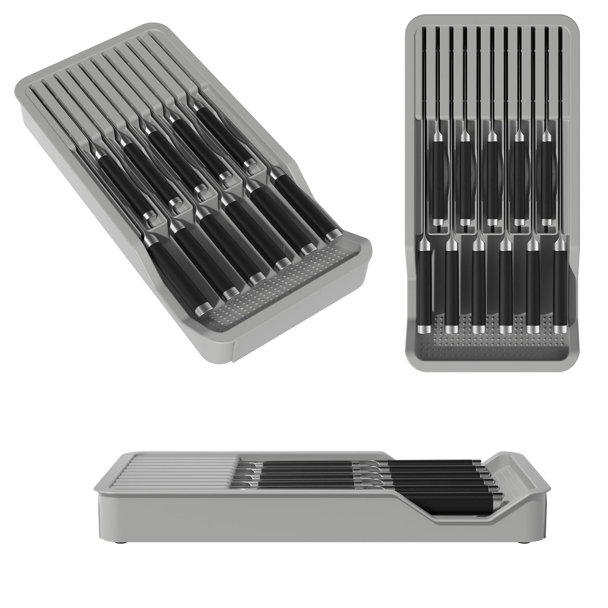 Kitchen Knife Drawer Organizer, In-drawer Knife Block Expandable Knife Holder Holds 11 Knives (Gray)