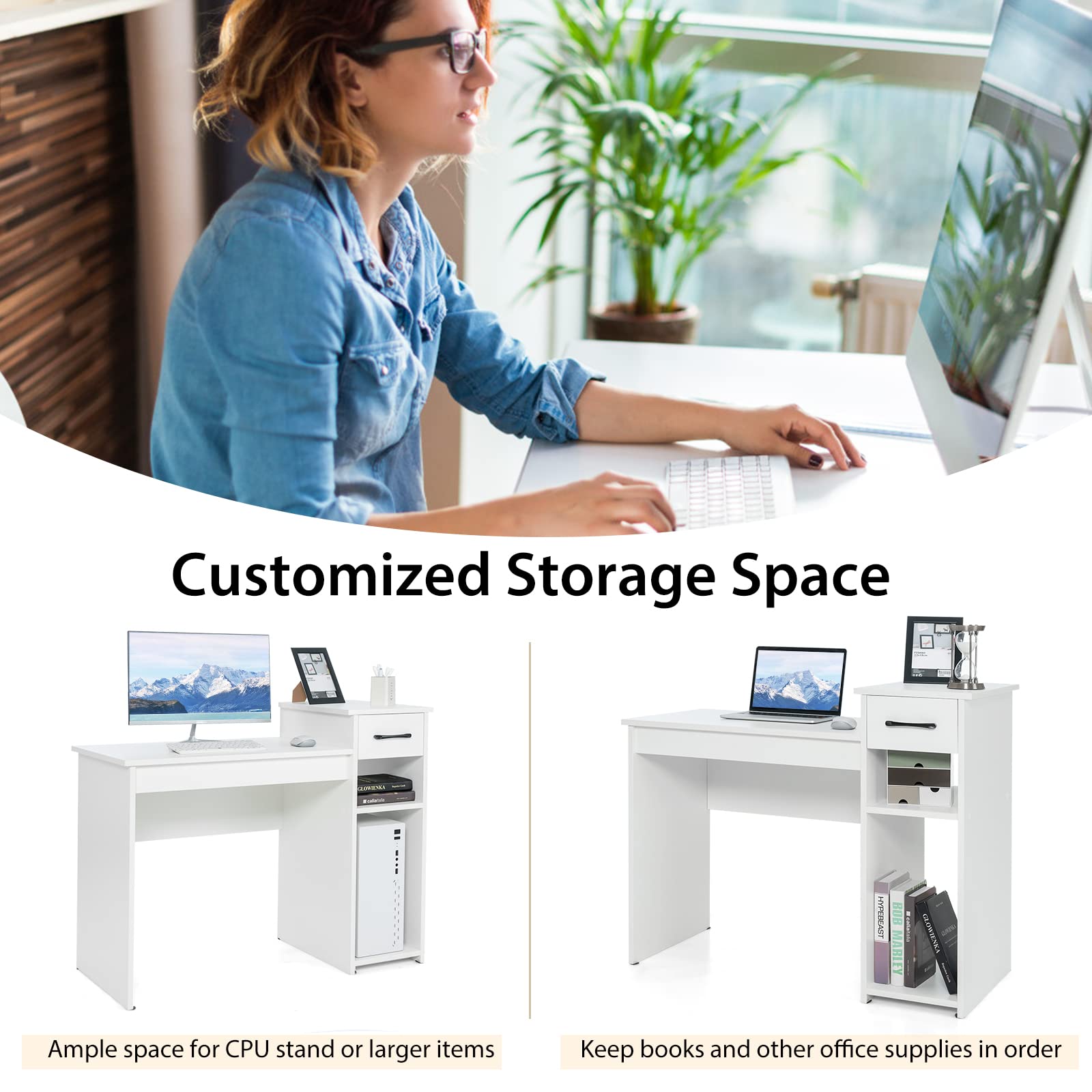 Tangkula White Desk with Storage Drawer & Shelves, Compact Desk for Small Space, Modern Wooden Study Desk Writing Desk with Storage Drawer & Compartments, PC Laptop Desk Small Desk for Bedroom