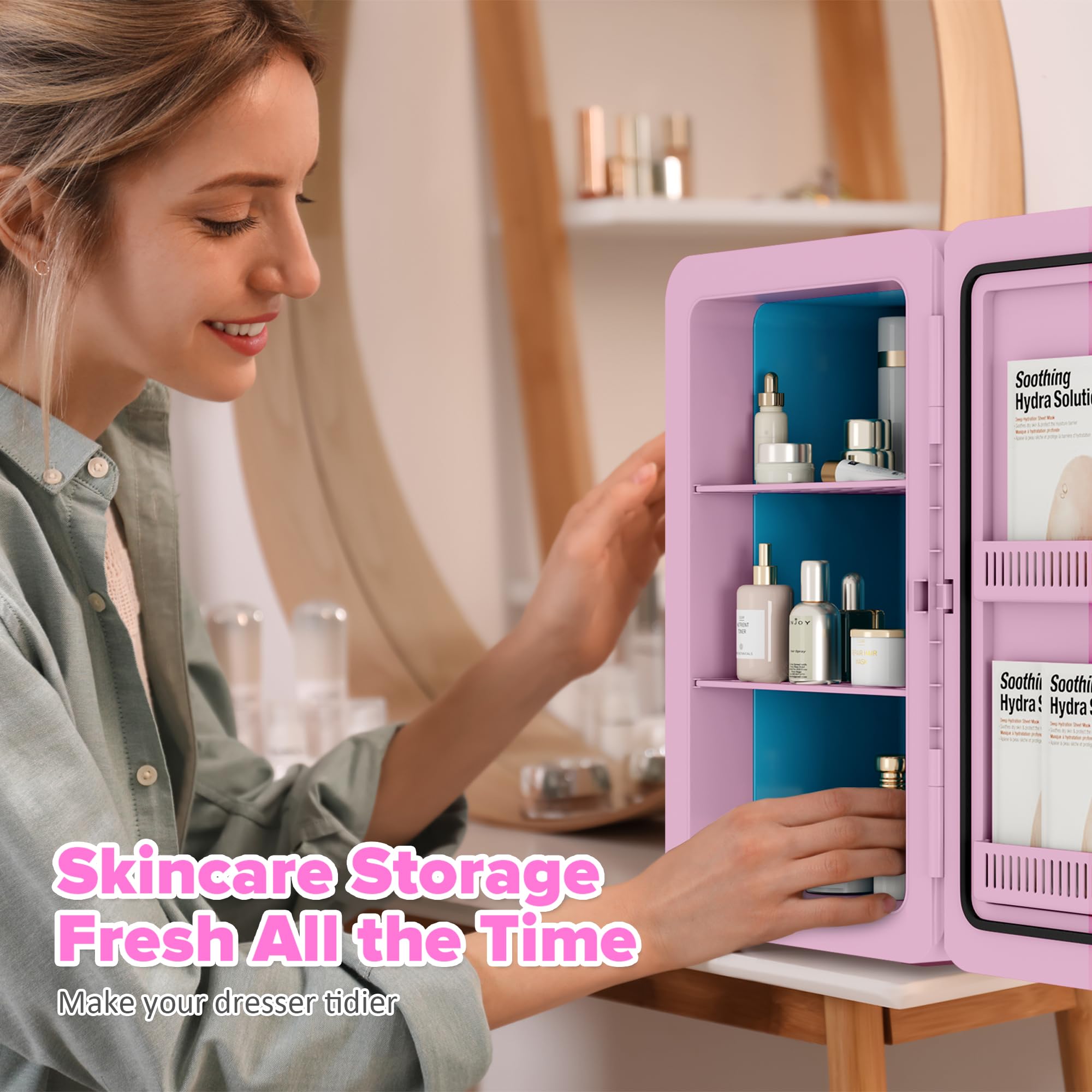 Kikihuose 22L/30Cans Mini Fridge for Bedroom, 12v DC Portable Cooler & Warmer, Mini Refrigerator with Glass Front, for Car Office Desk & Dorm Room Beverage Skincare Makeup (Fast Cooling Pink)