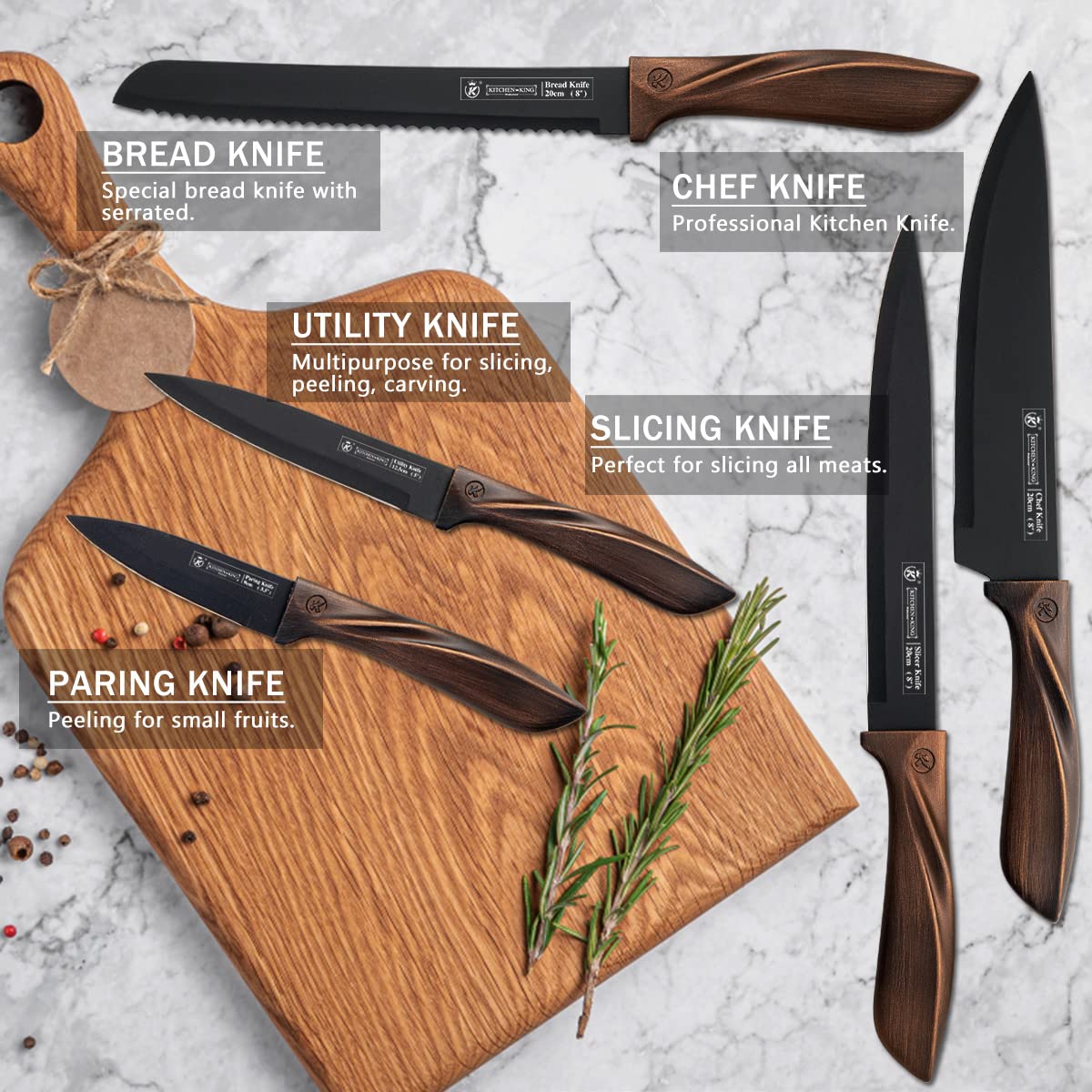 Kitchen Knife Set, Tinor 6-Piece Black Knife Sets for Kitchen with Acrylic Block, High Carbon Stainless Steel Sharp Kitchen Knives Chef Knife Block Set with Japanese Designed Ergonomic Handle